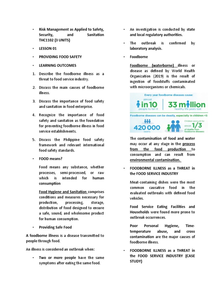Notes Lesson 1 | PDF | Food Safety | Foodborne Illness
