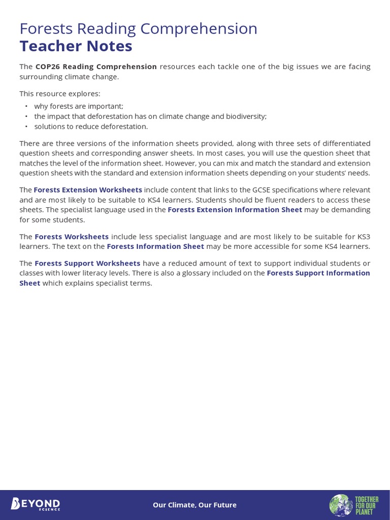 Forests Reading Comprehension Teacher Notes | PDF