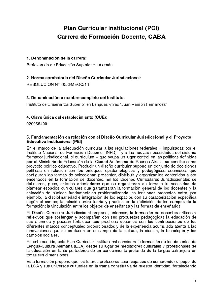 IESLVJRF-PCI-Profesorado de Educacion Superior en Aleman NOV | PDF | Plan de estudios | Enseñando