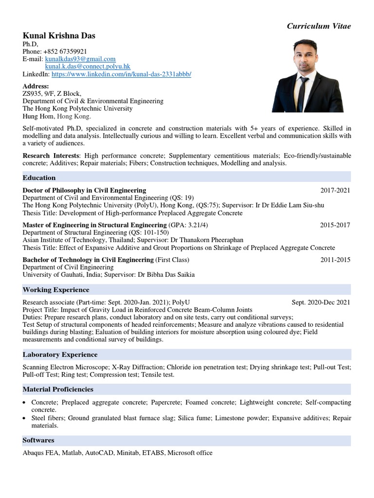 Kunal Krishna Das CV Ind | Download Free PDF | Concrete | Engineering
