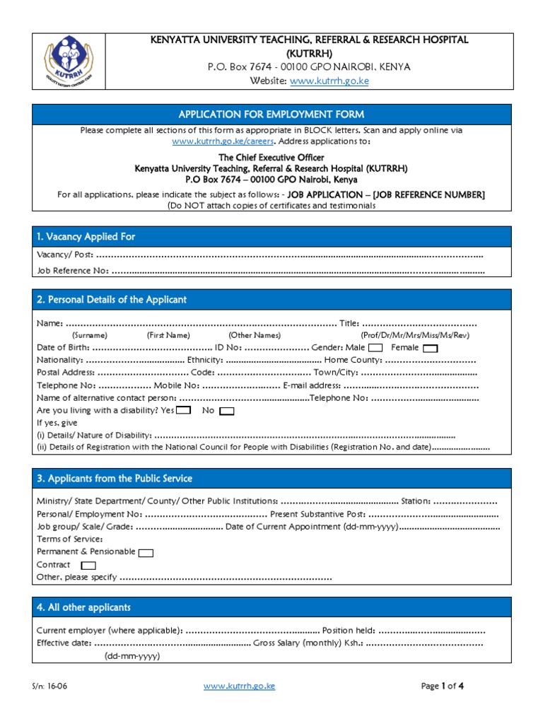 KUTRRH Employment Application Form | PDF | Bachelor's Degree | Diploma