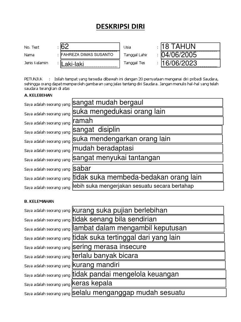 Deskripsi Diri Fahreza | PDF | Pengembangan Diri | Kesehatan Holistik