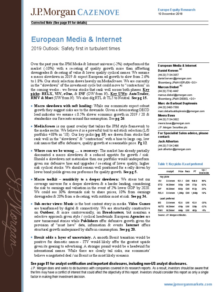 JPM European Media Internet 2019 Outlook | PDF | Recession | Investing
