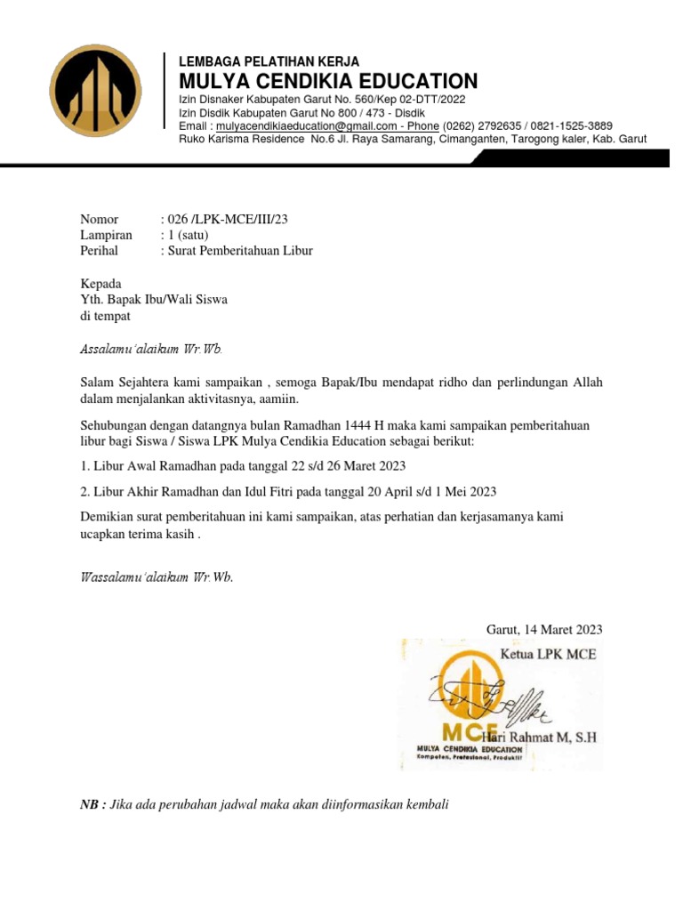 Surat Pemberitahuan Libur | PDF