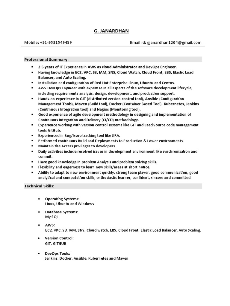 AWS DevOps Resume | PDF | Systems Engineering | System Software