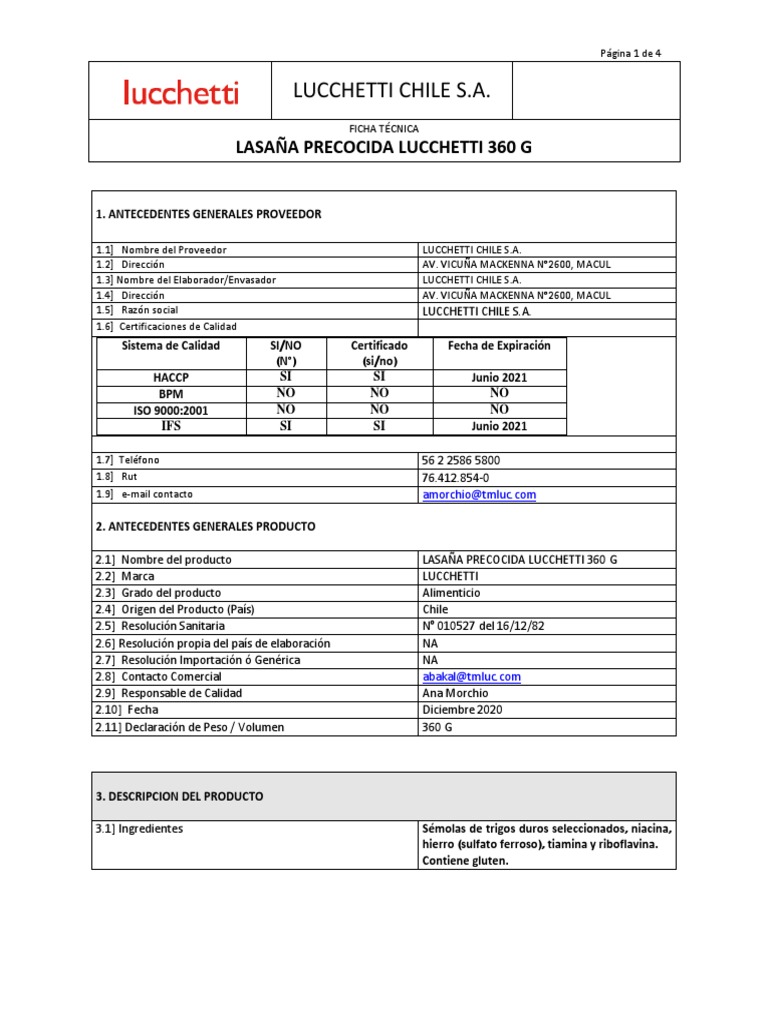Lasaña Precocida Lucchetti 360g | PDF | Comida y bebida | Nutrición