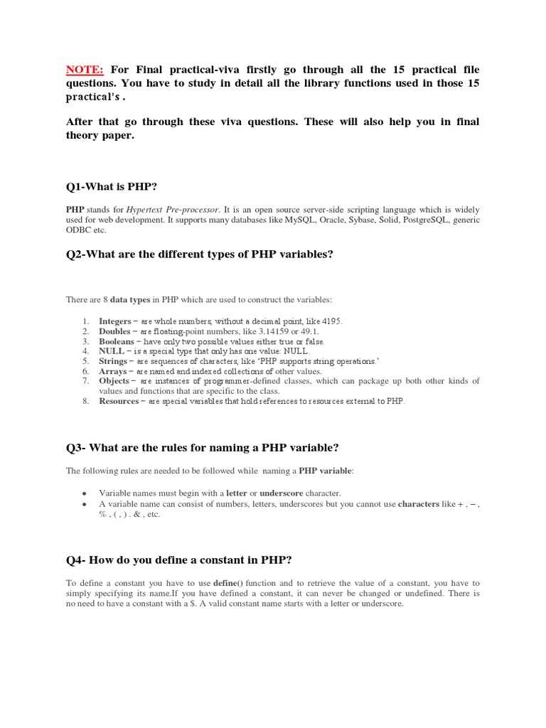 PHP Viva Questions | Download Free PDF | Php | Class (Computer Programming) PHP Viva Questions | Download Free PDF | Php | Class (Computer Programming)