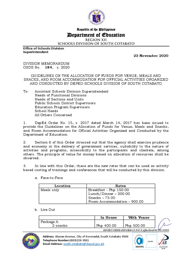 Dm Osds No. 184 s. 2020 Guidelines on the Allocation of Funds for Venue Meals and Snacks and ...