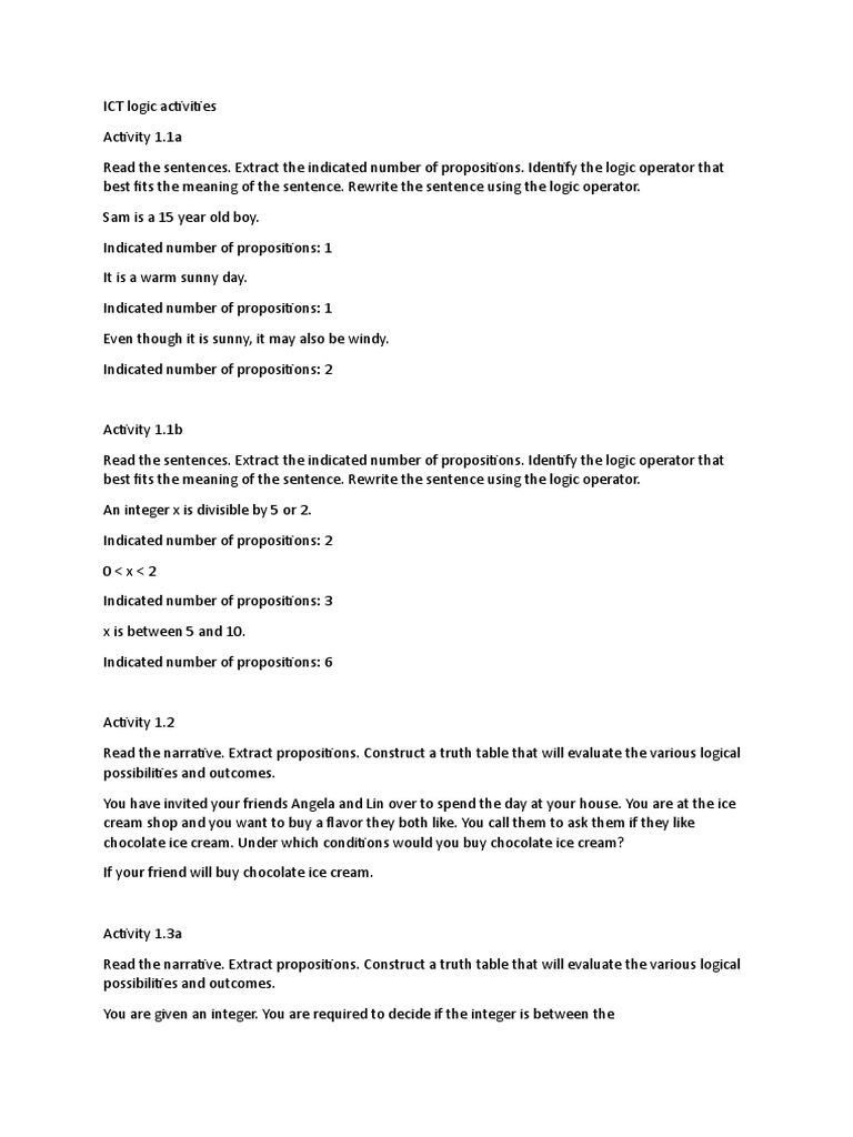 Ict Logic Activities Pdf Logic Proposition 