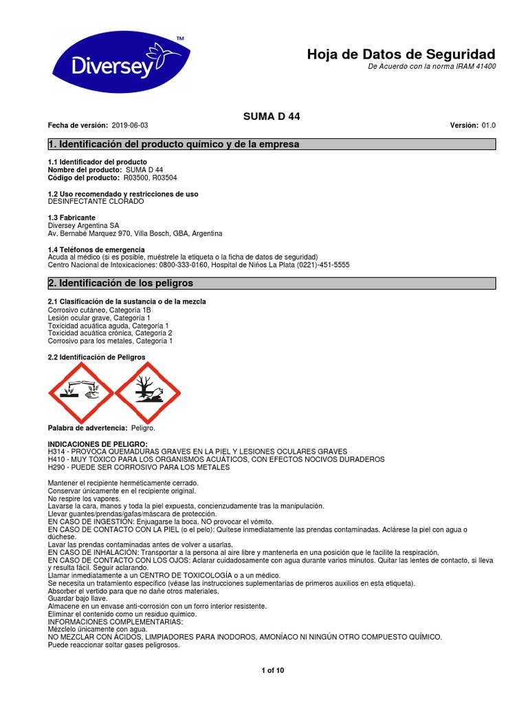 Suma-D44-Hoja-seguridad | PDF | Agua | Toxicología