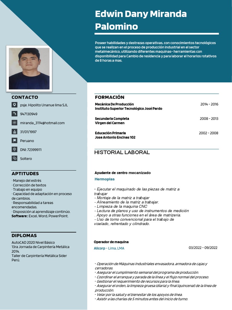 Edwin Miranda Palomino CV PDF | PDF | Soldadura | Construcción