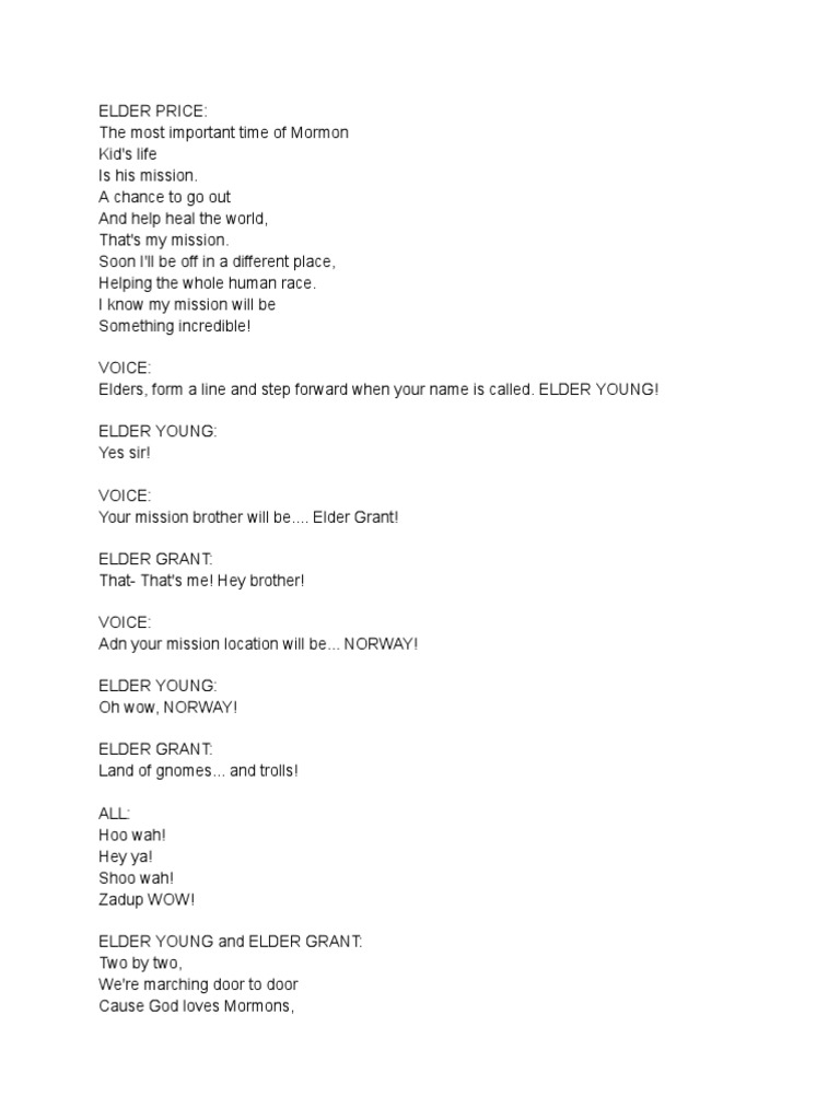 Book of Mormon - Two by Two Lyrics | PDF | The Church Of Jesus Christ ...