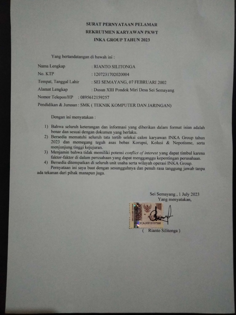 Surat Pernyataan PKWT_compressed | PDF