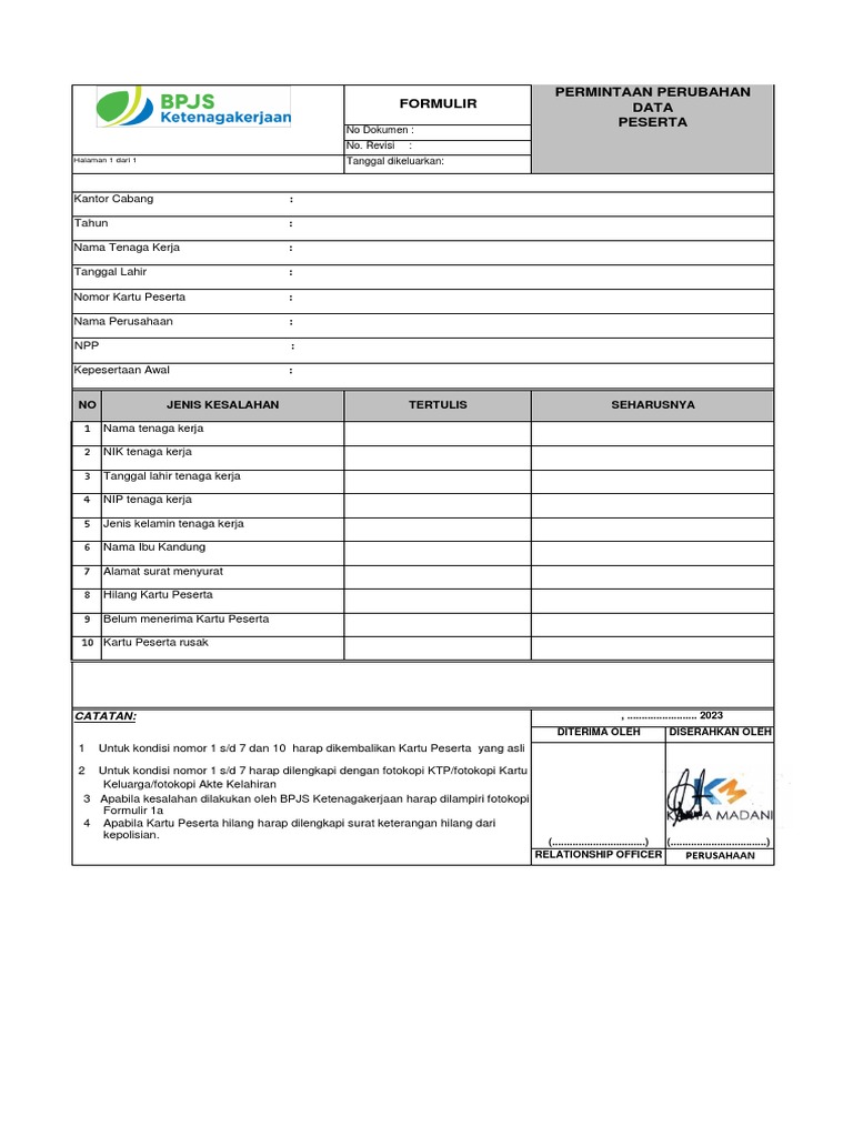 Formulir Perubahan Data BPJS Ketenagakerjaan | PDF