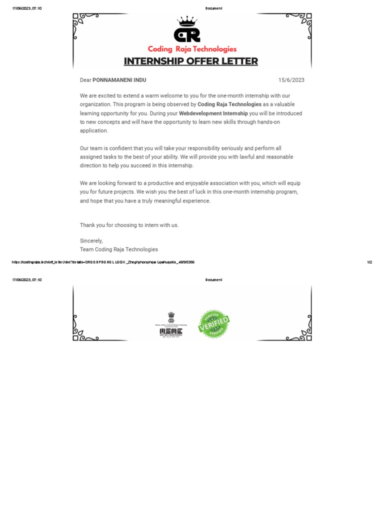 Internship Offer from Coding Raja Technologies | PDF