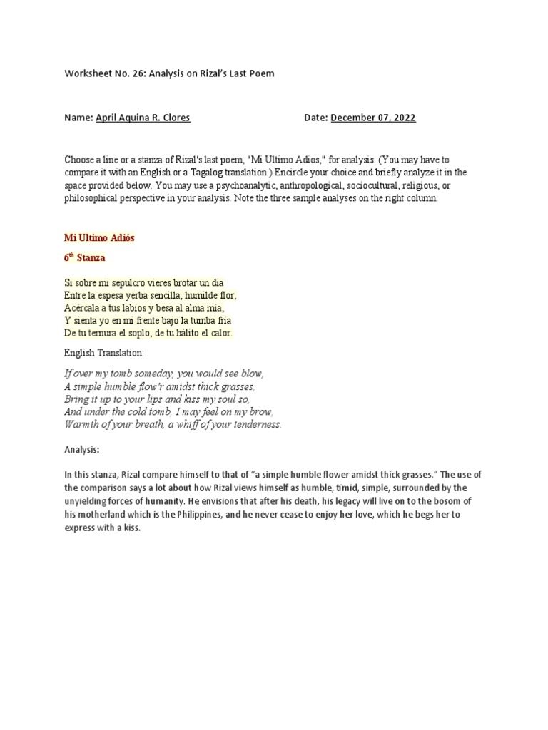 Analysis on Rizal's Last Poem | PDF