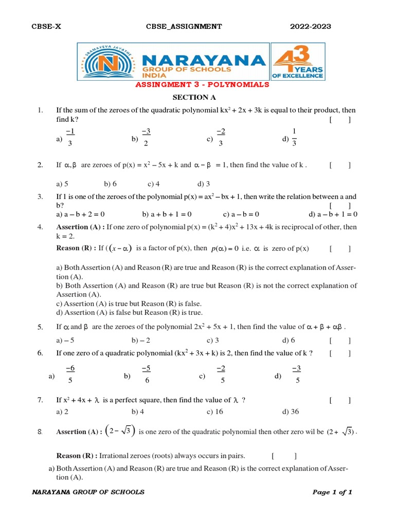 MATHS - 6th MAY POLYNOMIALS - Assignment | PDF | Polynomial | Theoretical Computer Science