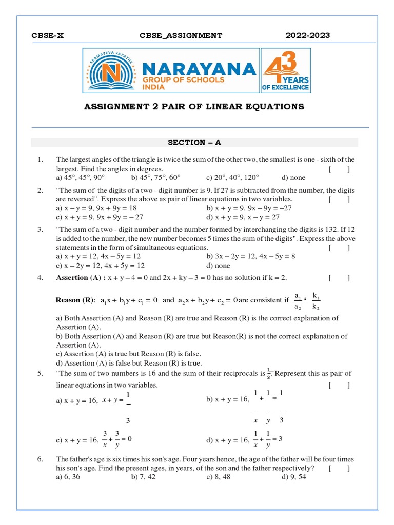 MATHS_15th MAY PAIR OF LINEAR EQUATIONS_Assignment | PDF | Equations ...