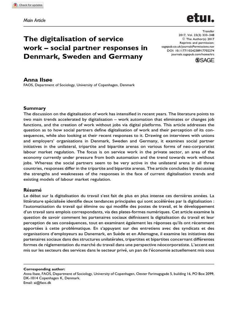 Ilsoe 2017 The Digitalisation of Service Work Social Partner Responses ...