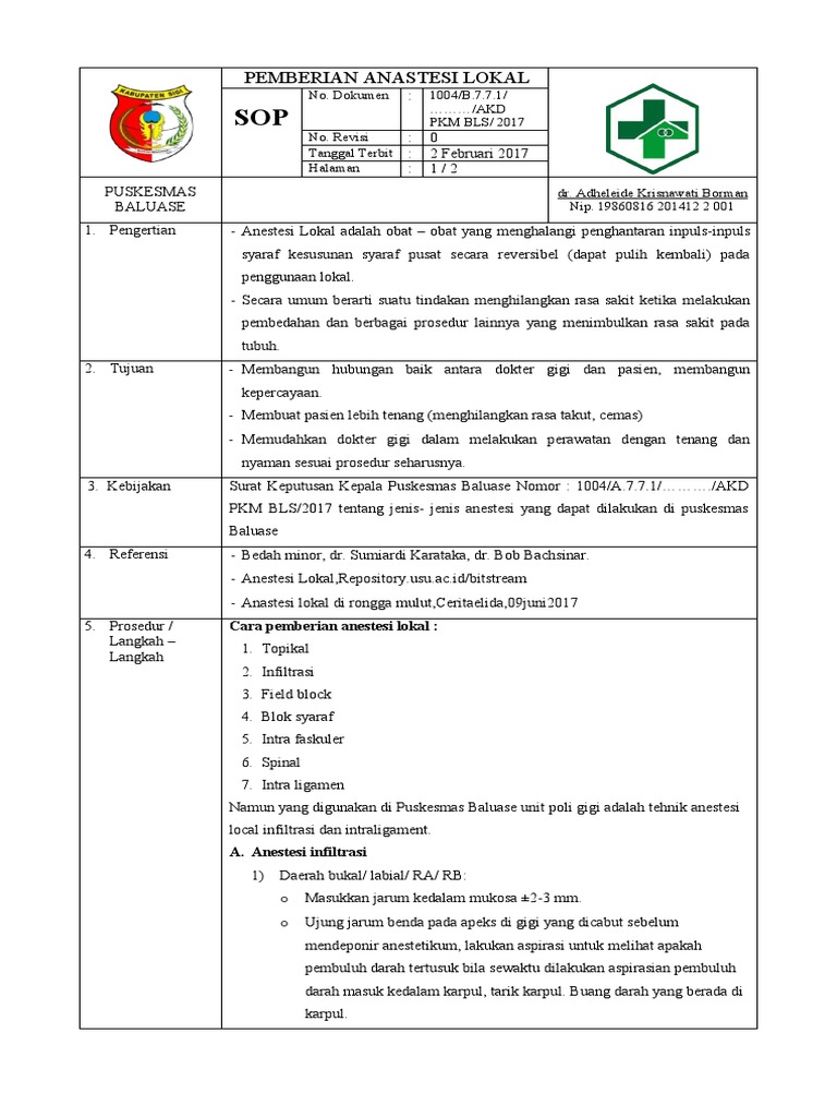 Sop Anastesi Lokal | PDF