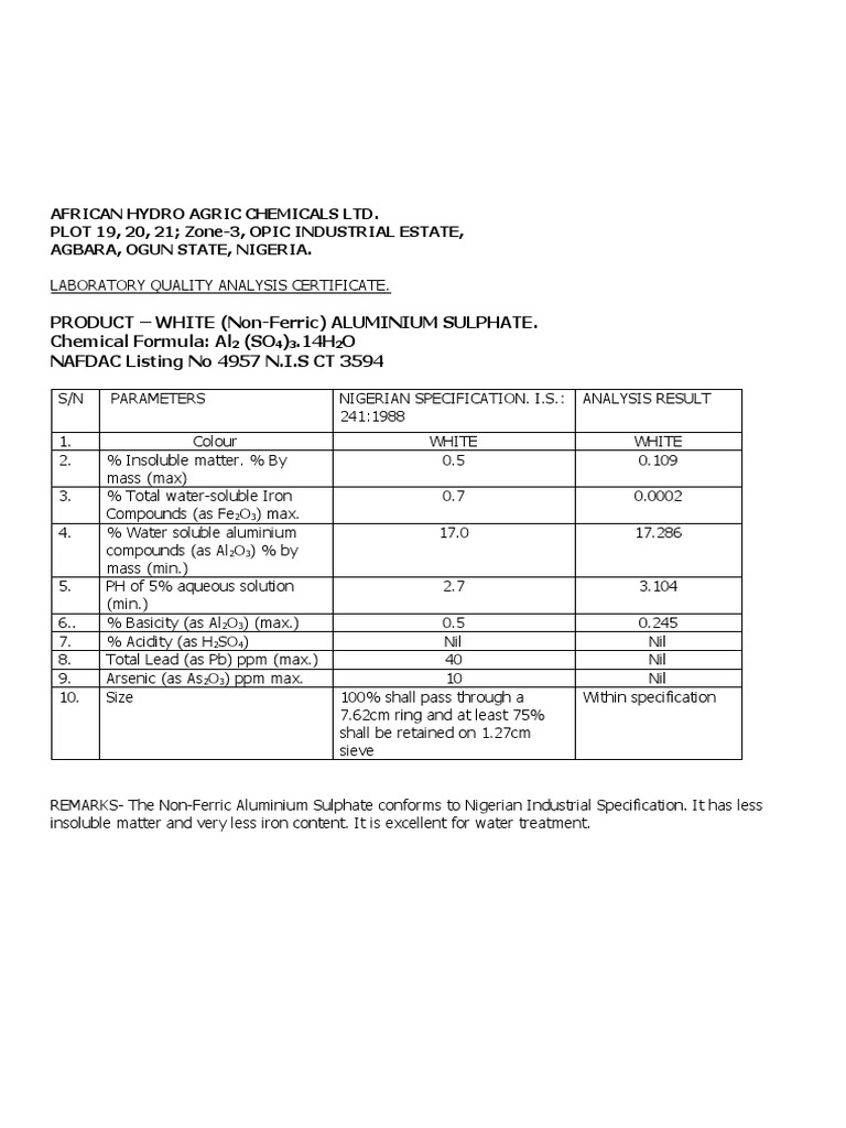 COA-Aluminium Sulphate Letter Head | PDF