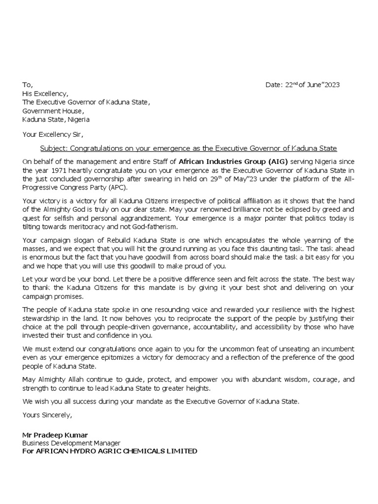 Letter of Congratulations To Newly Appointed Ex Governor of Kano State ...