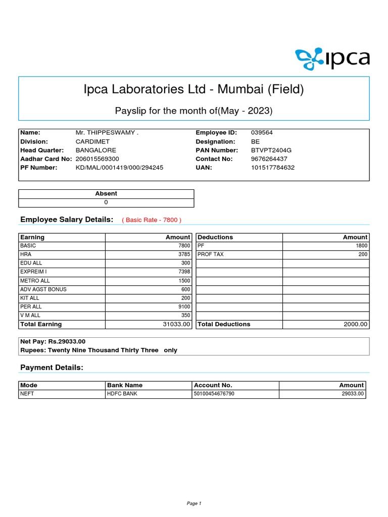 Ipca Laboratories LTD - Mumbai (Field) : Payslip For The Month of (May - 2023) | PDF