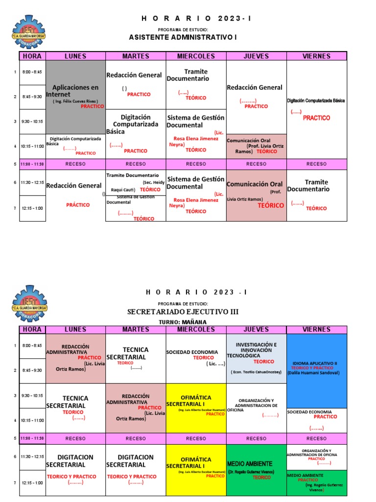 HORARIO Secretariado y Asistente Administrativo-2023-I | PDF