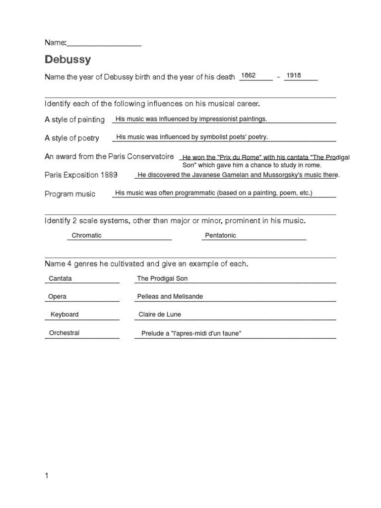 Debussy Worksheet | PDF | Scale (Music) | Classical Music