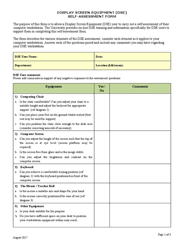 University DSE Self-Assessment | PDF | Computer Keyboard | Chair