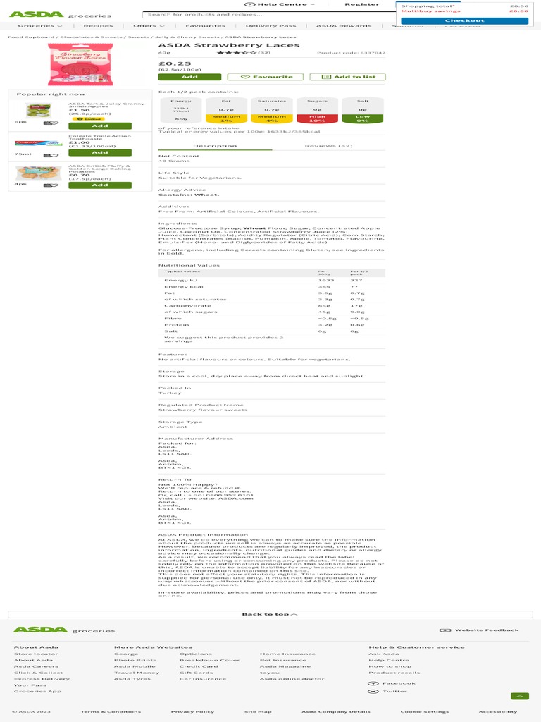 ASDA Strawberry Laces 40g Sweets | PDF | Candy | Fat