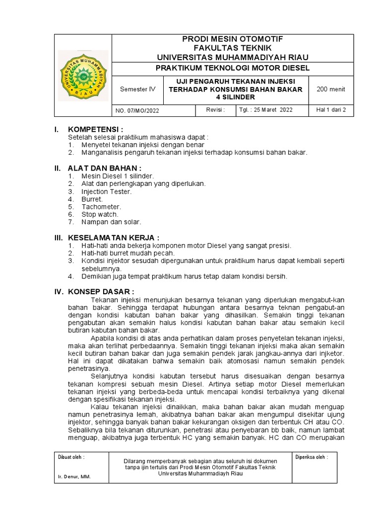 Uji Pengaruh Tekanan Injeksi THD Kons Bahan Bakar 4 Sil | PDF
