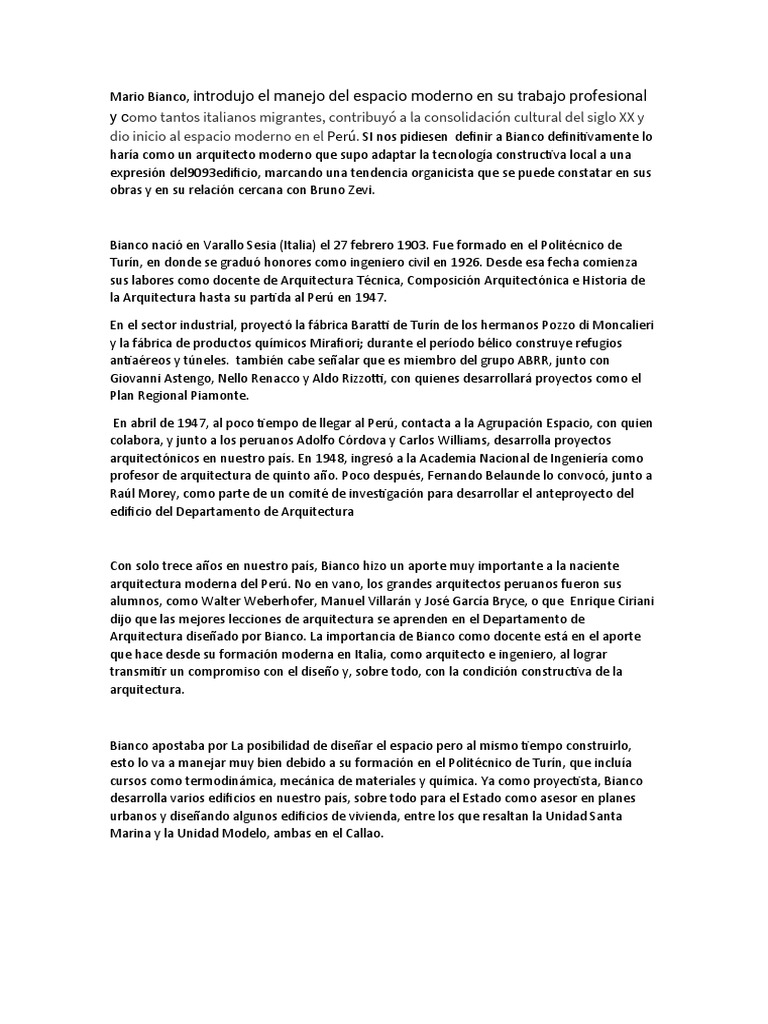 Mario Bianco: Pionero del Espacio Moderno en Perú | PDF | Perú | Italia