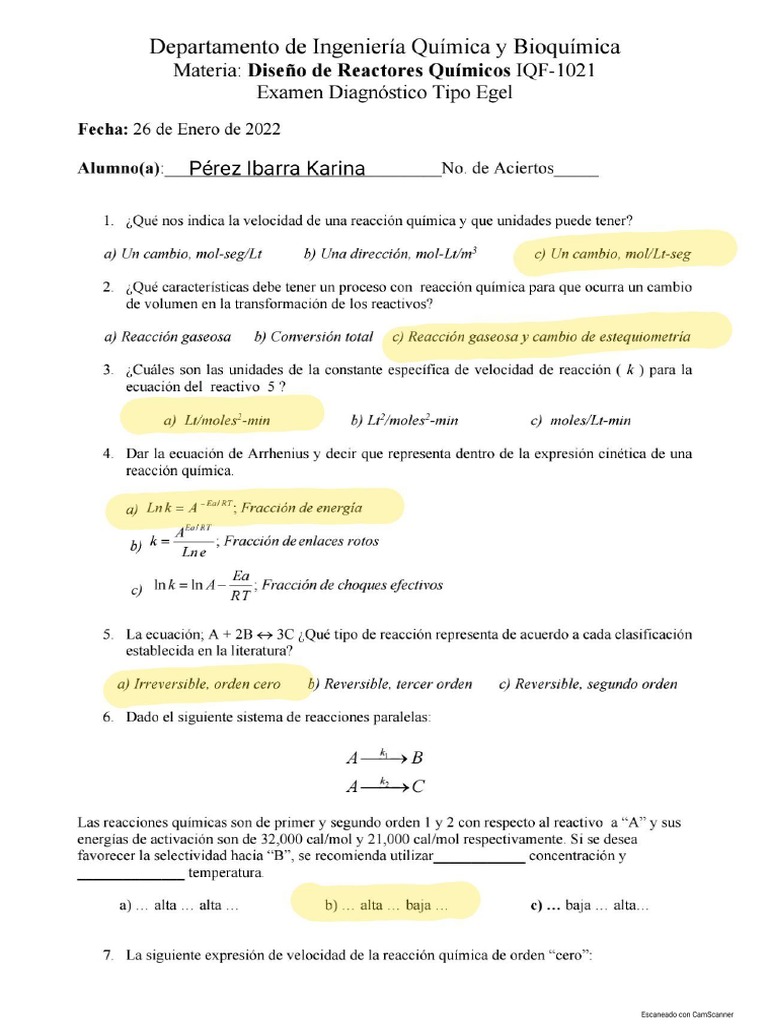 Examen Diagnóstico Reactores Químicos 2022-A | PDF