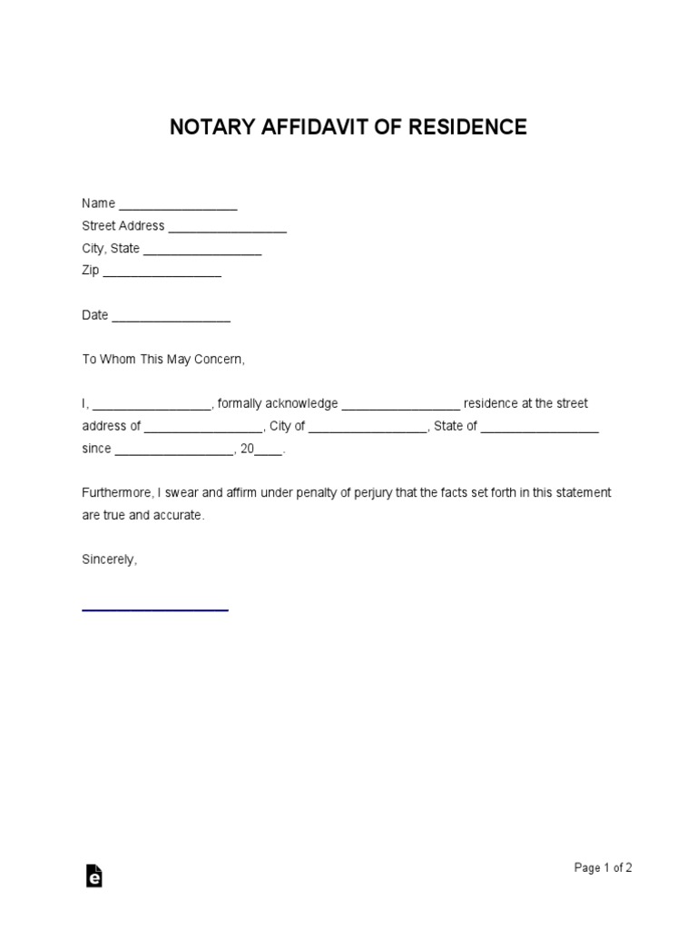 Notary Affidavit of Residence Letter | PDF