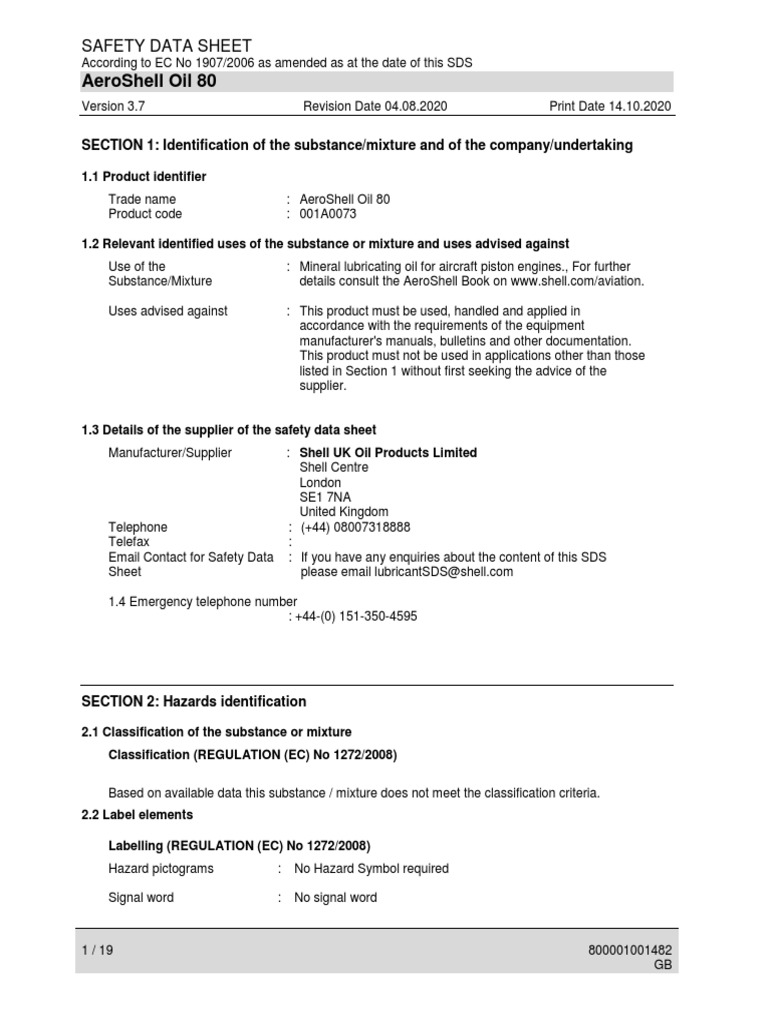 AeroShell Oil 80 Safety Data Sheet | PDF | Personal Protective ...