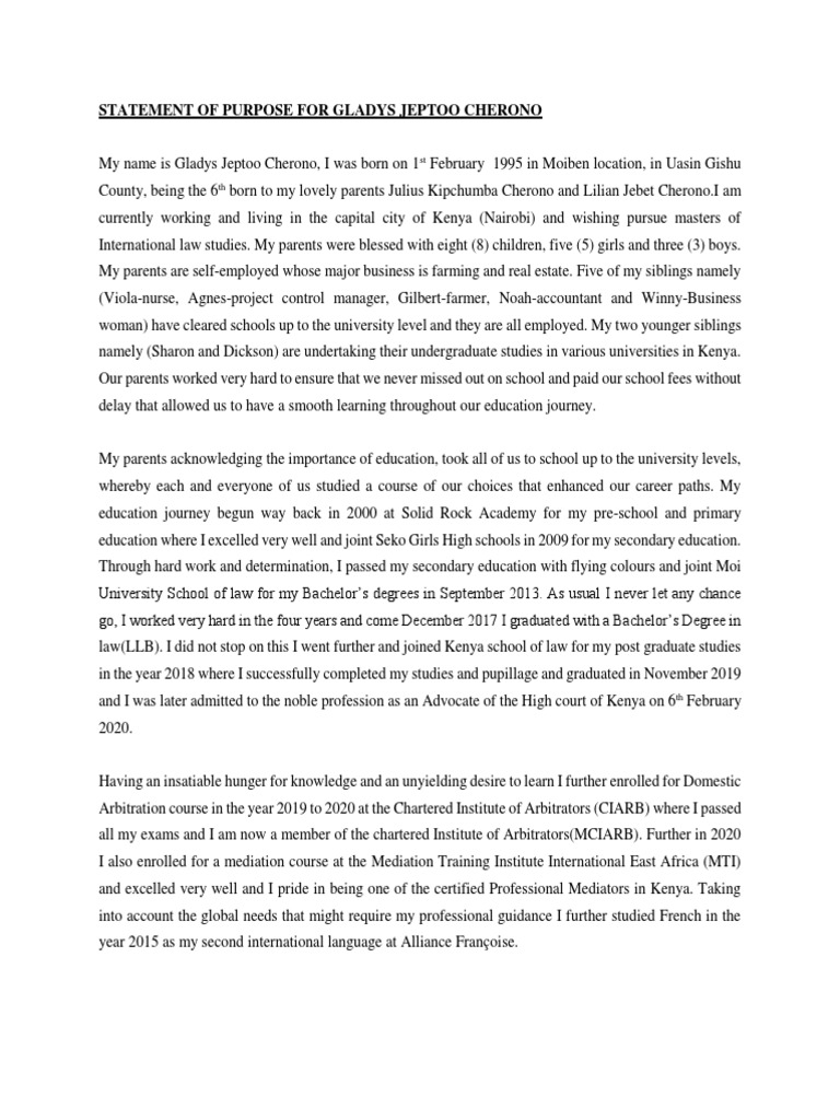 STATEMENT OF PURPOSE FOR GLADYS JEPTOO CHERONO - Final | PDF | Cost Of Living | Australia