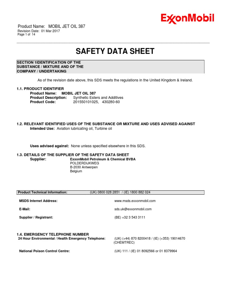 Mobil Jet Oil 387 Safety Data Sheet | PDF | Waste | Waste Management