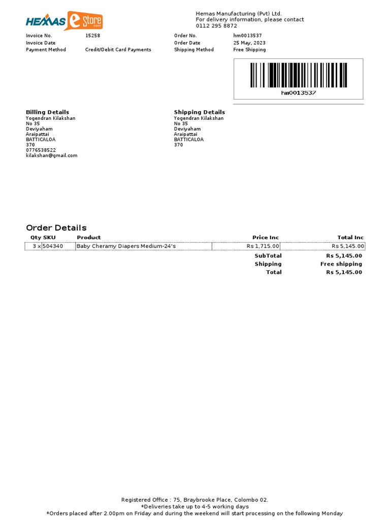 Hemas Order Invoice for Diapers | PDF