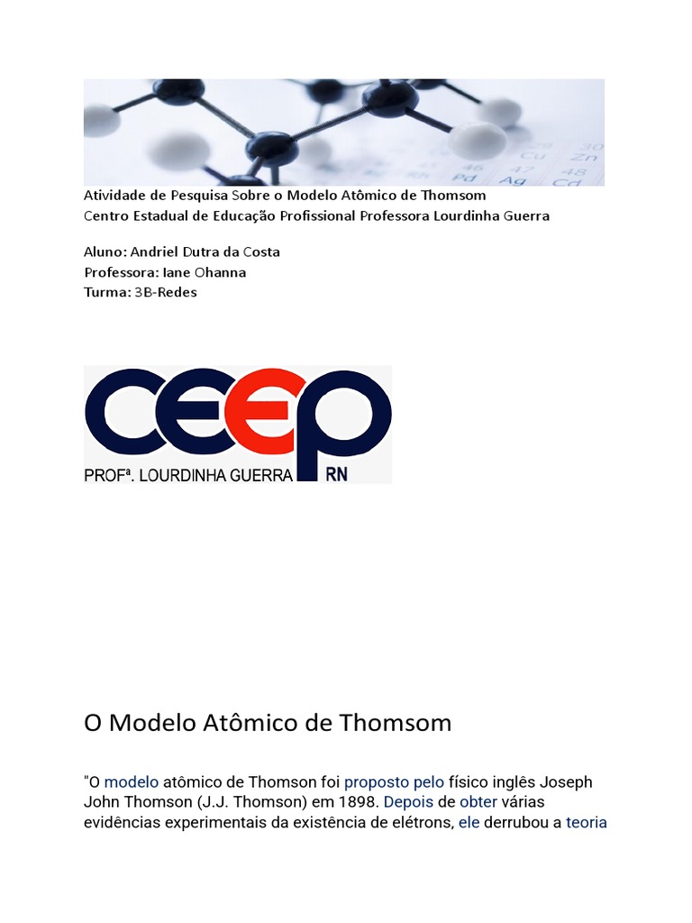 Atividade de Pesquisa Sobre o Modelo Atômico de Thomsom (1) | PDF Atividade de Pesquisa Sobre o Modelo Atômico de Thomsom (1) | PDF