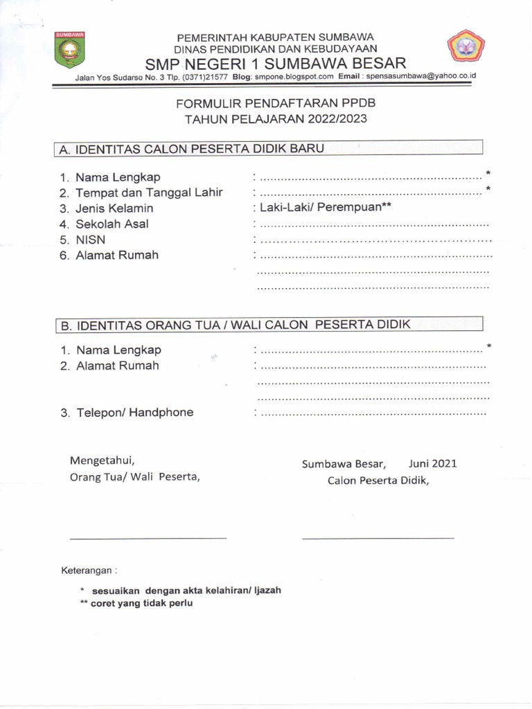Formulir PPDB SMPN 1 Sumbawa Besar Form | PDF
