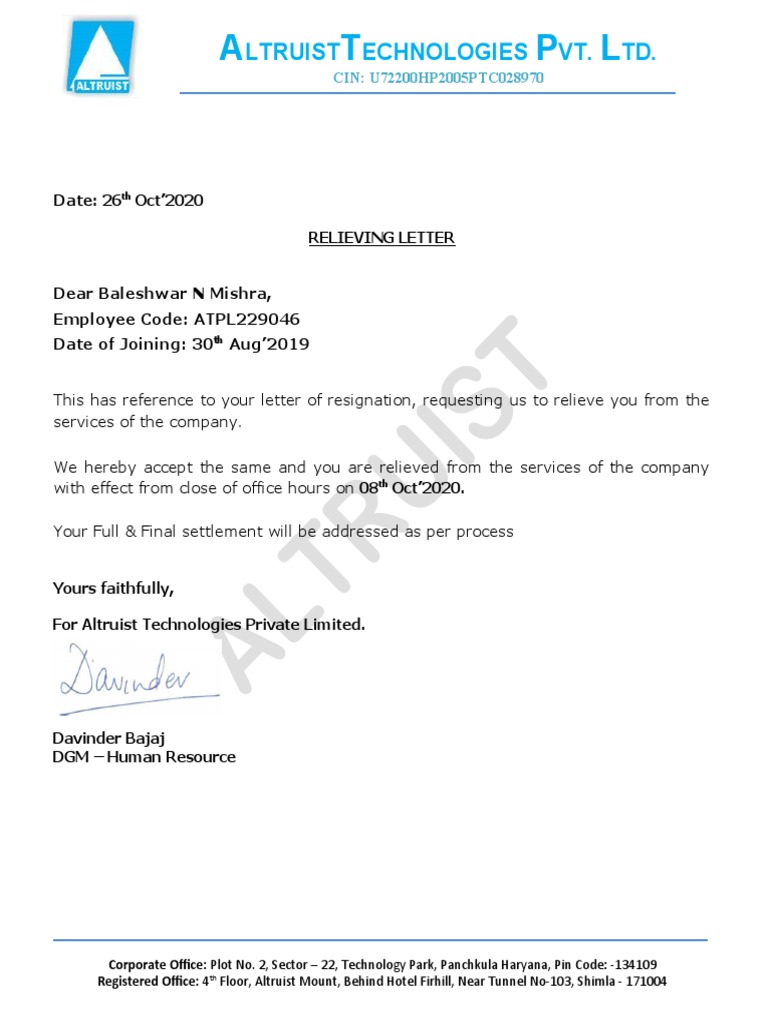 Relieving Letter for Baleshwar Mishra | PDF | Finance & Money Management