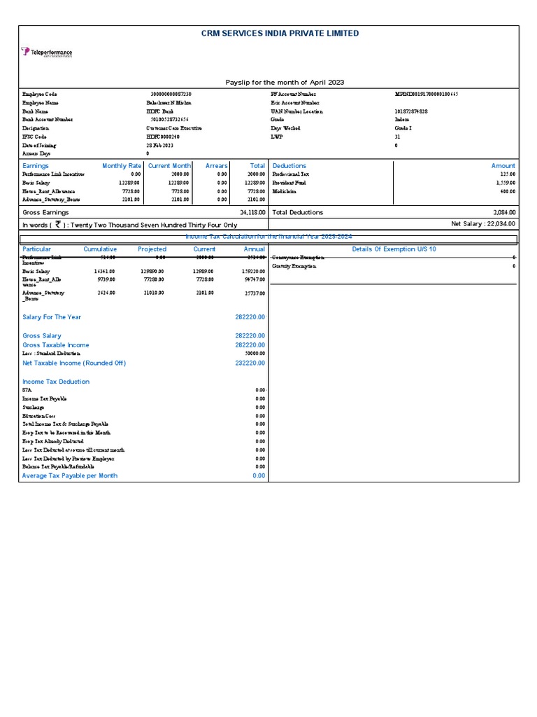 April Pay Slip | PDF | Taxes | Salary