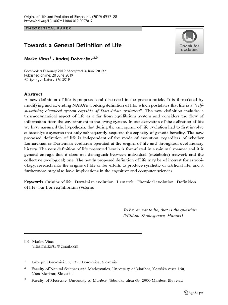 Towards A General Definition of Life | PDF | Life | Non Equilibrium ...