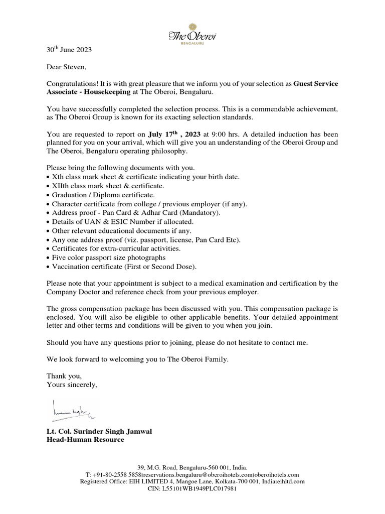 Offer Letter Steven | PDF | Social Programs | Business