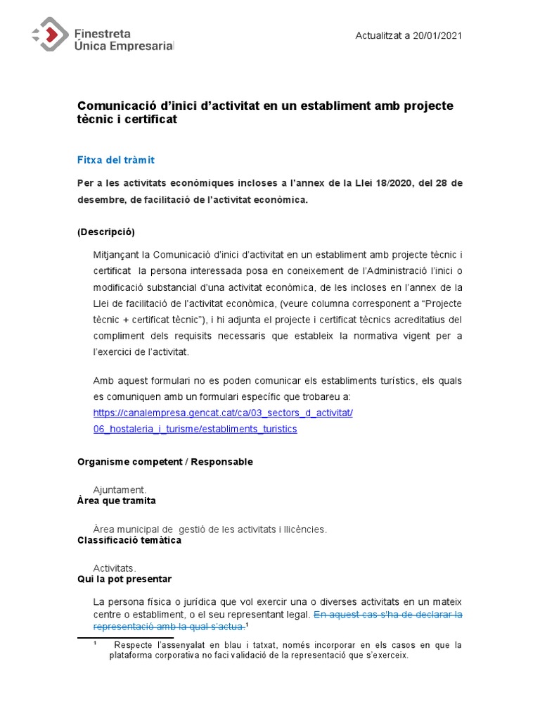 Comunicacio Inici Modificacio Substancial Activitat Establiment Amb Projecte Tecnic I Certificat ...