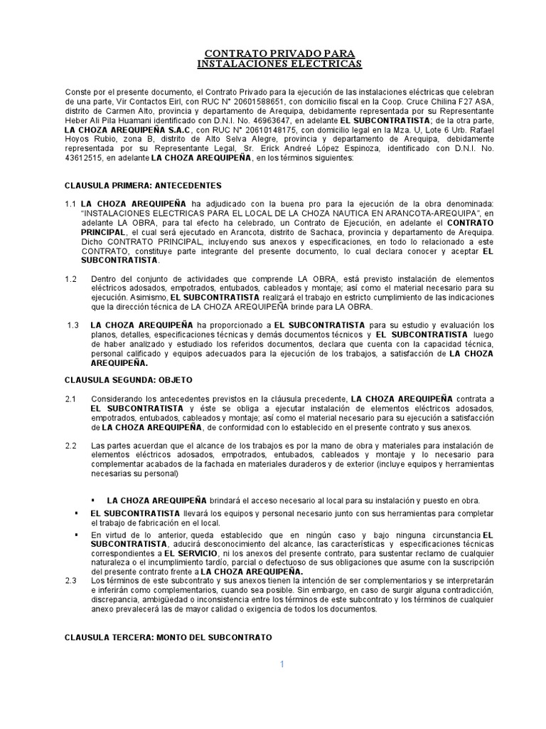 Ejemplo de Contrato para Instalaciones Electricas | PDF ...
