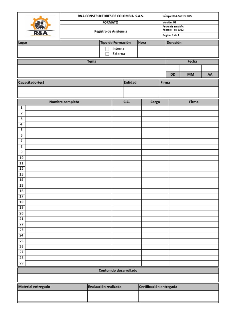 R&A-SST-FO-065 Formato Registro de Asistencia | PDF R&A-SST-FO-065 Formato Registro de Asistencia | PDF