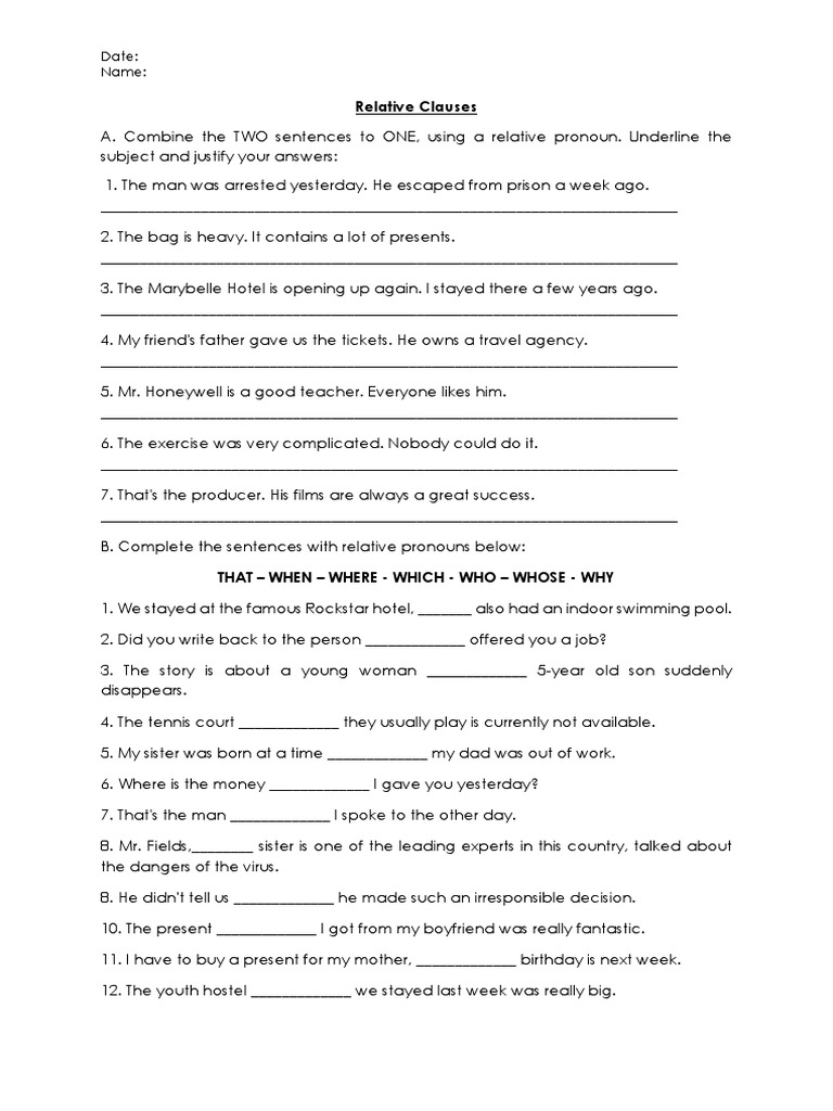 Relative Clauses - Worksheet 1 | PDF