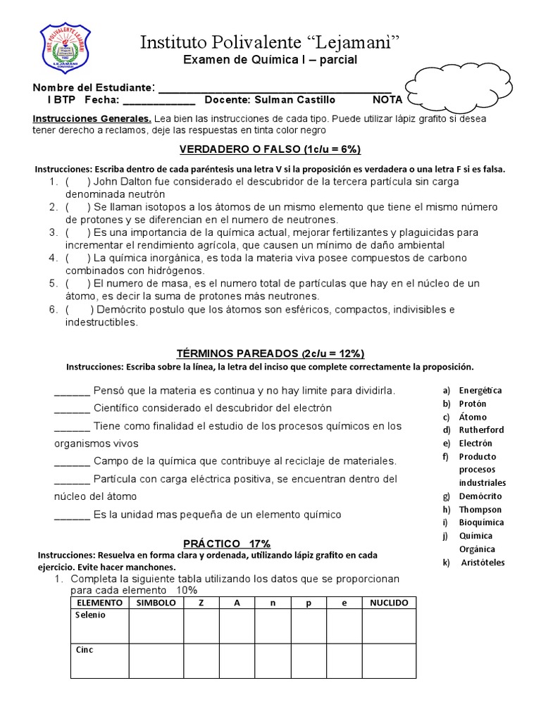 Examen Ipl Primer Parcial Quimica 2023 | PDF | Química | Átomos
